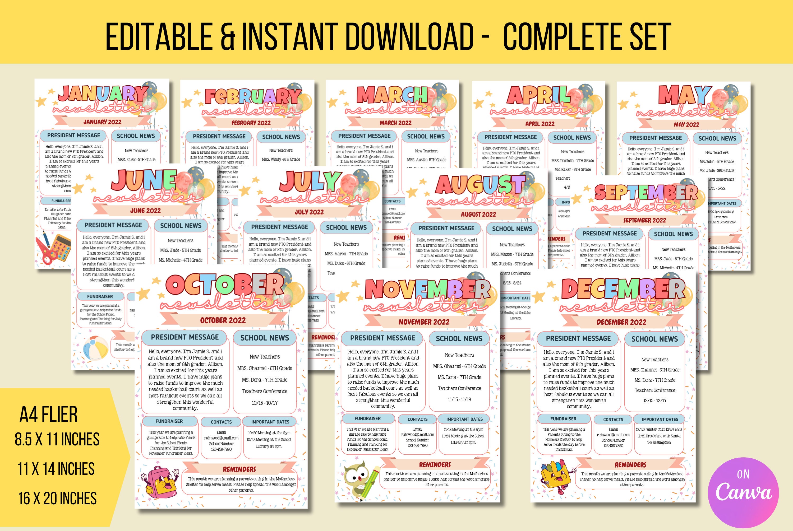 EDITABLE Monthly Newsletter Template Set Classroom Printable - Etsy