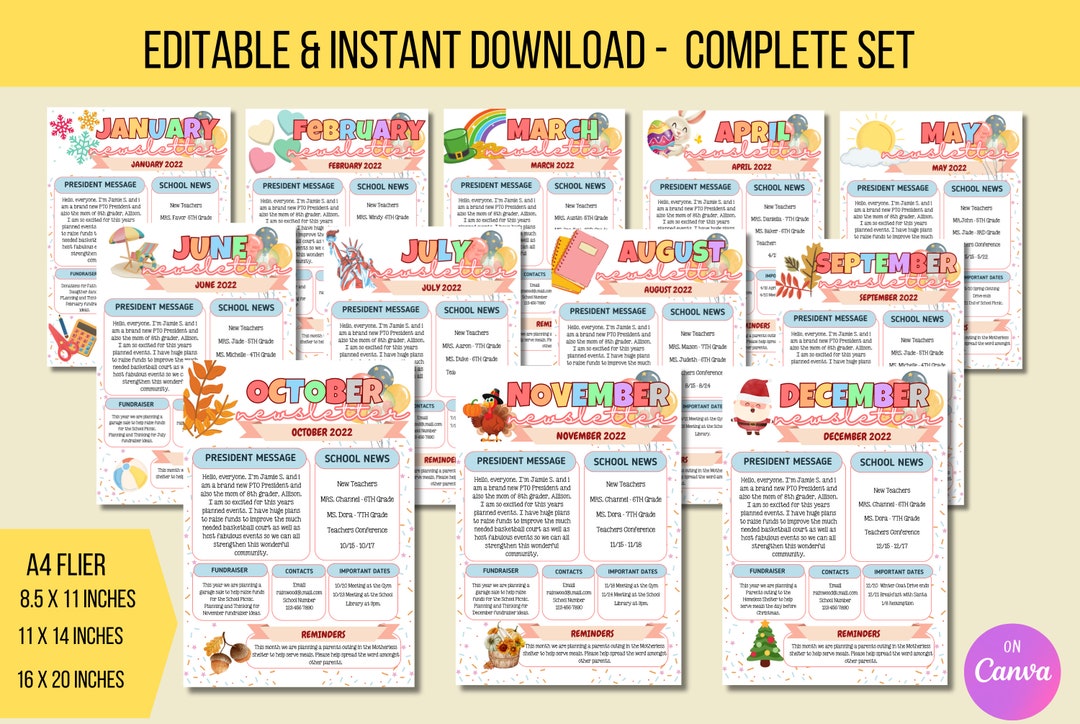 EDITABLE Monthly Newsletter Template Set, Classroom Printable Handout ...