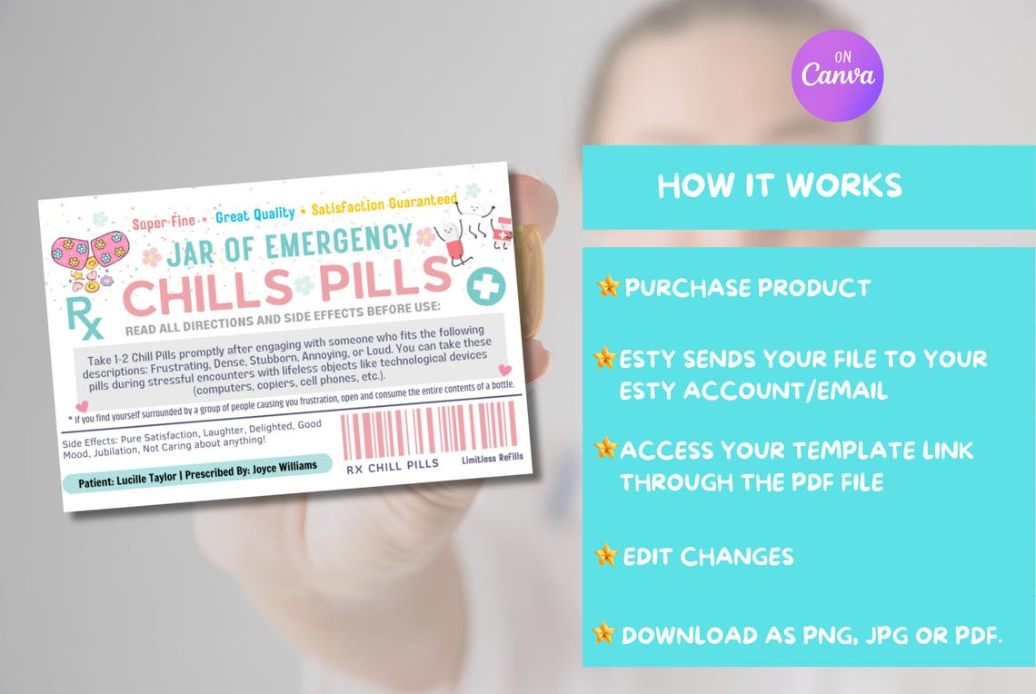 EDITABLE Chill Pill Label, Funny Gag Gift Professional Office Gift ...