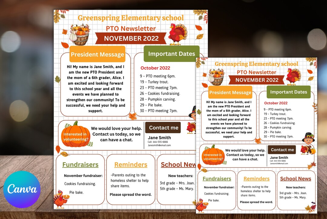 November PTO PTA Newsletter Flyer, Holiday Printable Handout, School ...