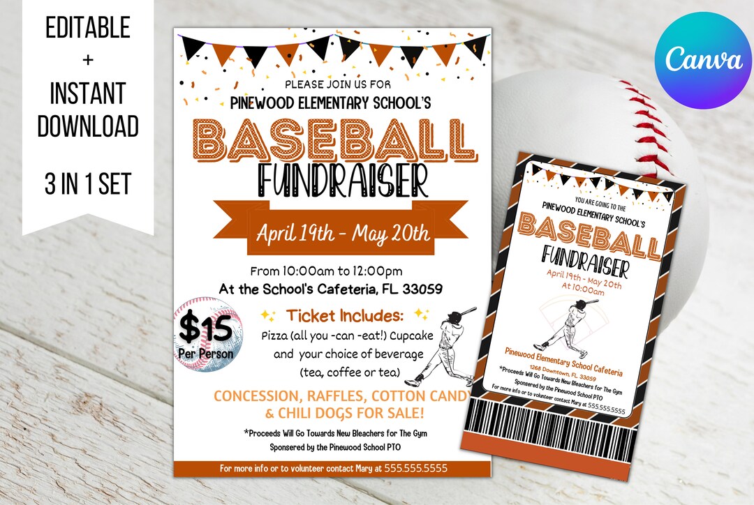 EDITABLE Baseballs Fundraiser Flyer Template With Ticket , Charity Non ...