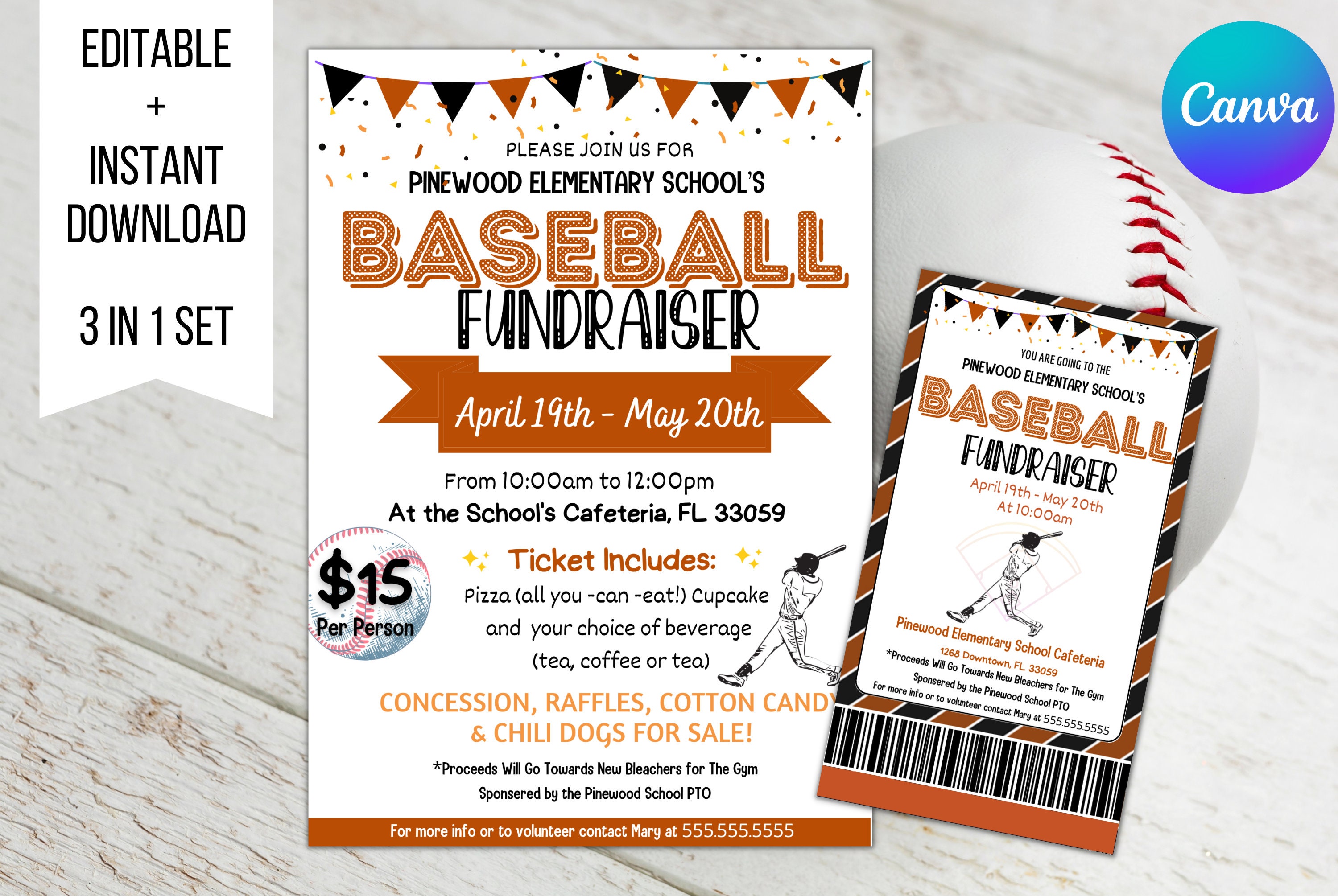 EDITABLE Baseballs Fundraiser Flyer Template With Ticket - Etsy