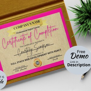 DIY Certificate of Completion Template, Pink Certificate, Gold ...