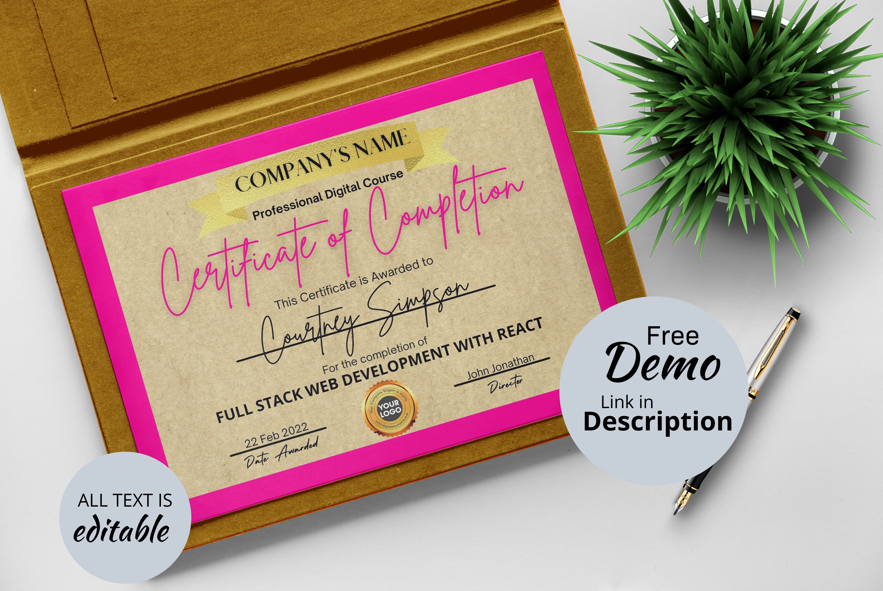 DIY Certificate of Completion Template, Pink Certificate, Gold ...