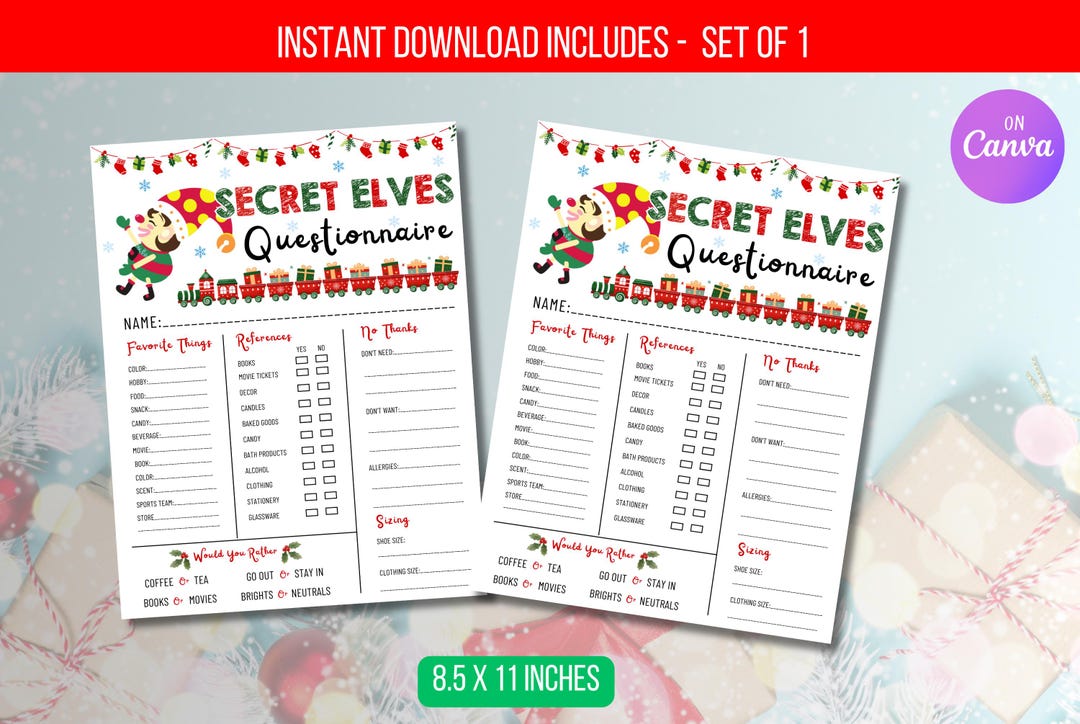 EDITABLE Christmas Secret Elves Questionnaire Checklist, Secret Elves ...
