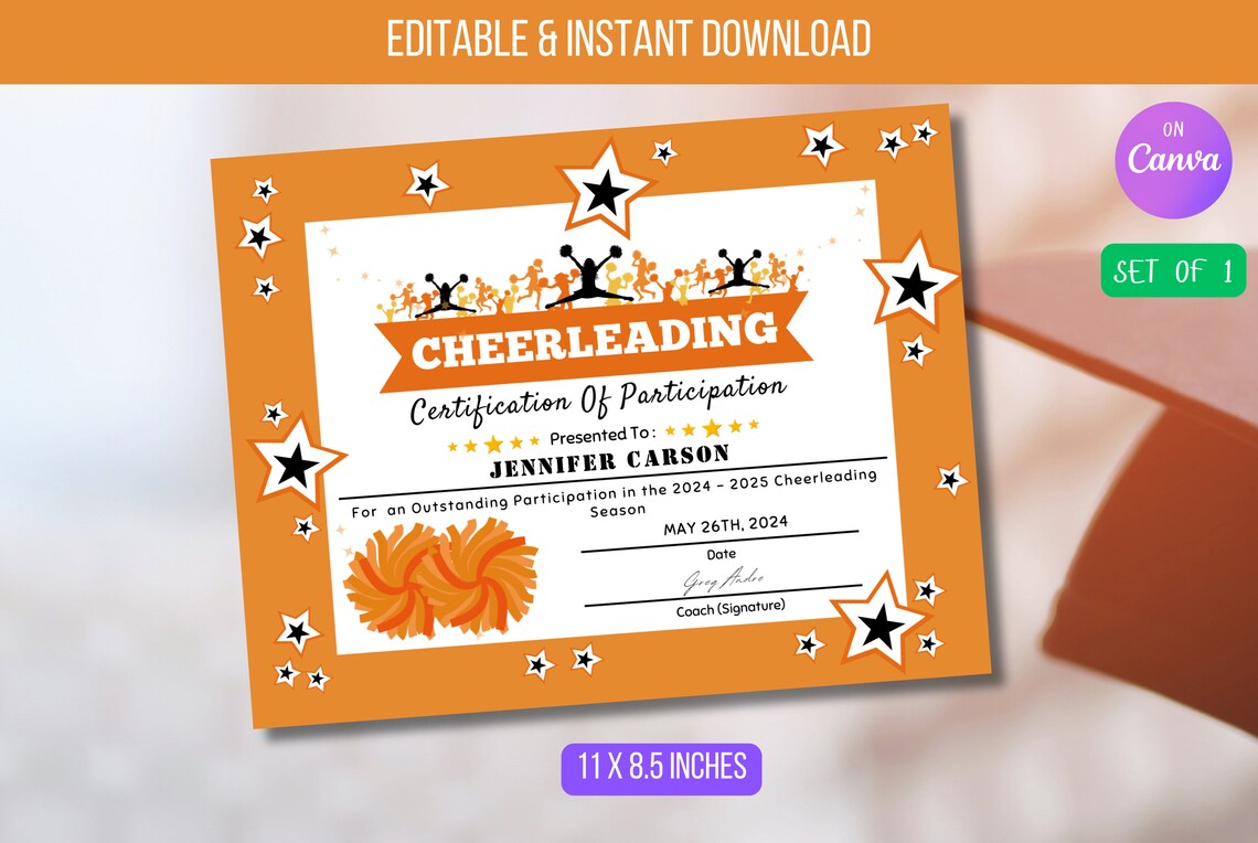 EDITABLE Cheerleader Certificate, Cheer Certificates Sports Award ...