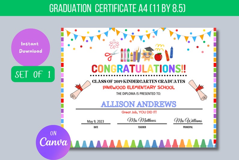 Printable Kindergarten Diploma, Editable School Diploma Certificate ...