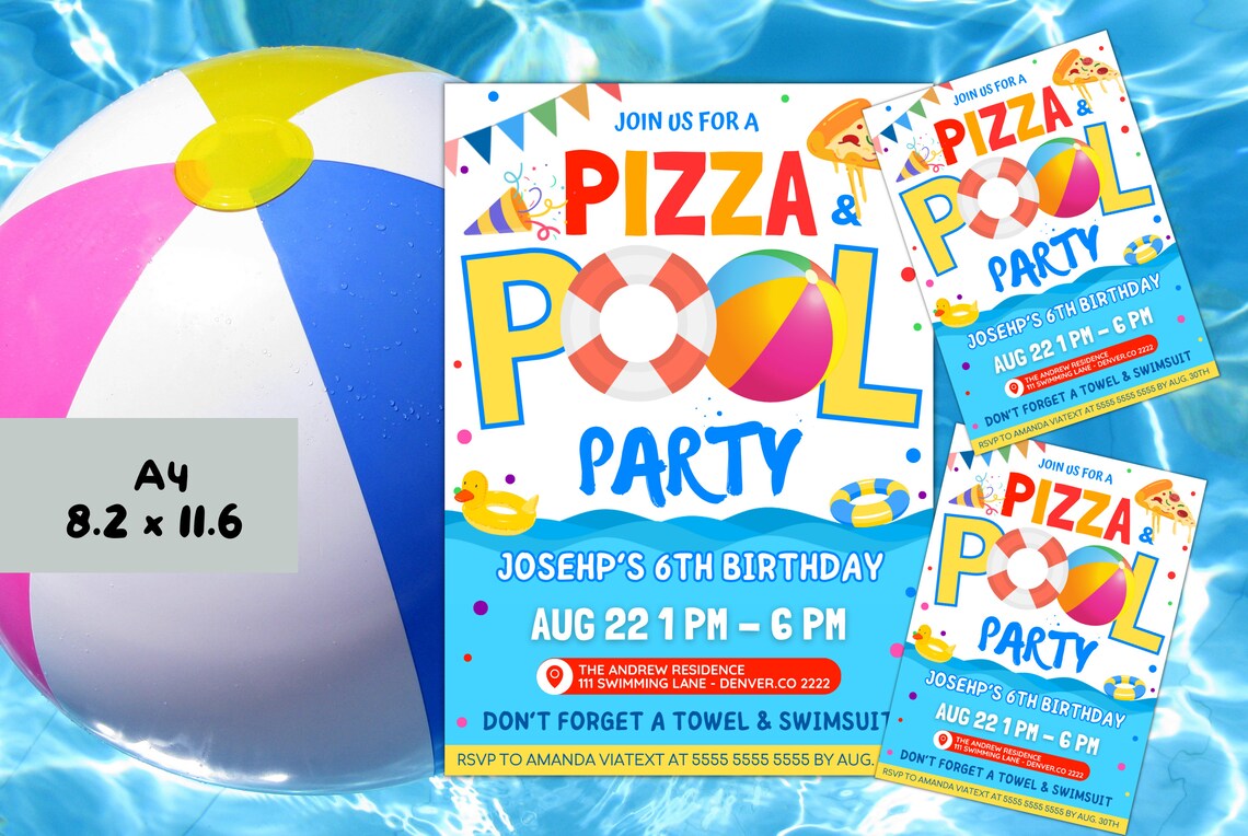Pizza and Pool Party Invitation, End of School Party, Printable Invite ...