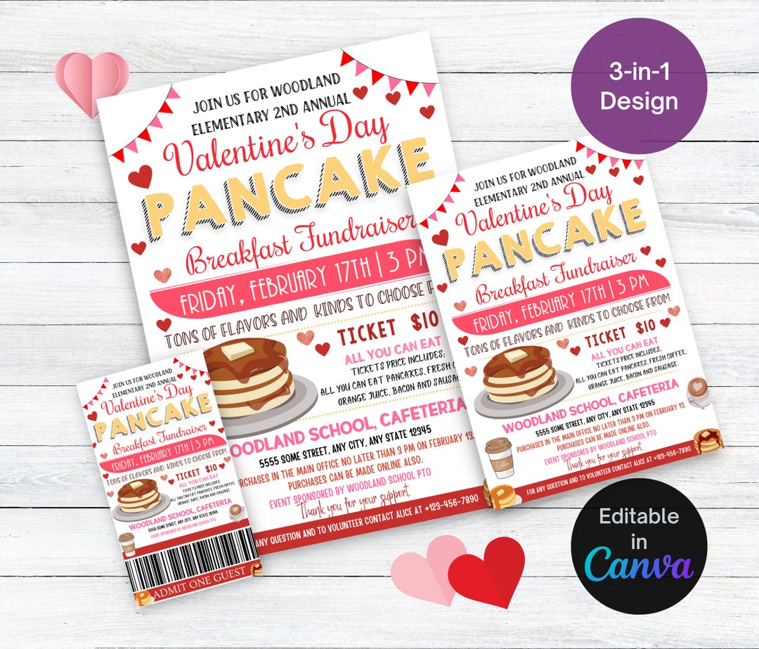 Valentine Pancake Fundraiser Flyer, Valentine's Day Pancakes Editable ...