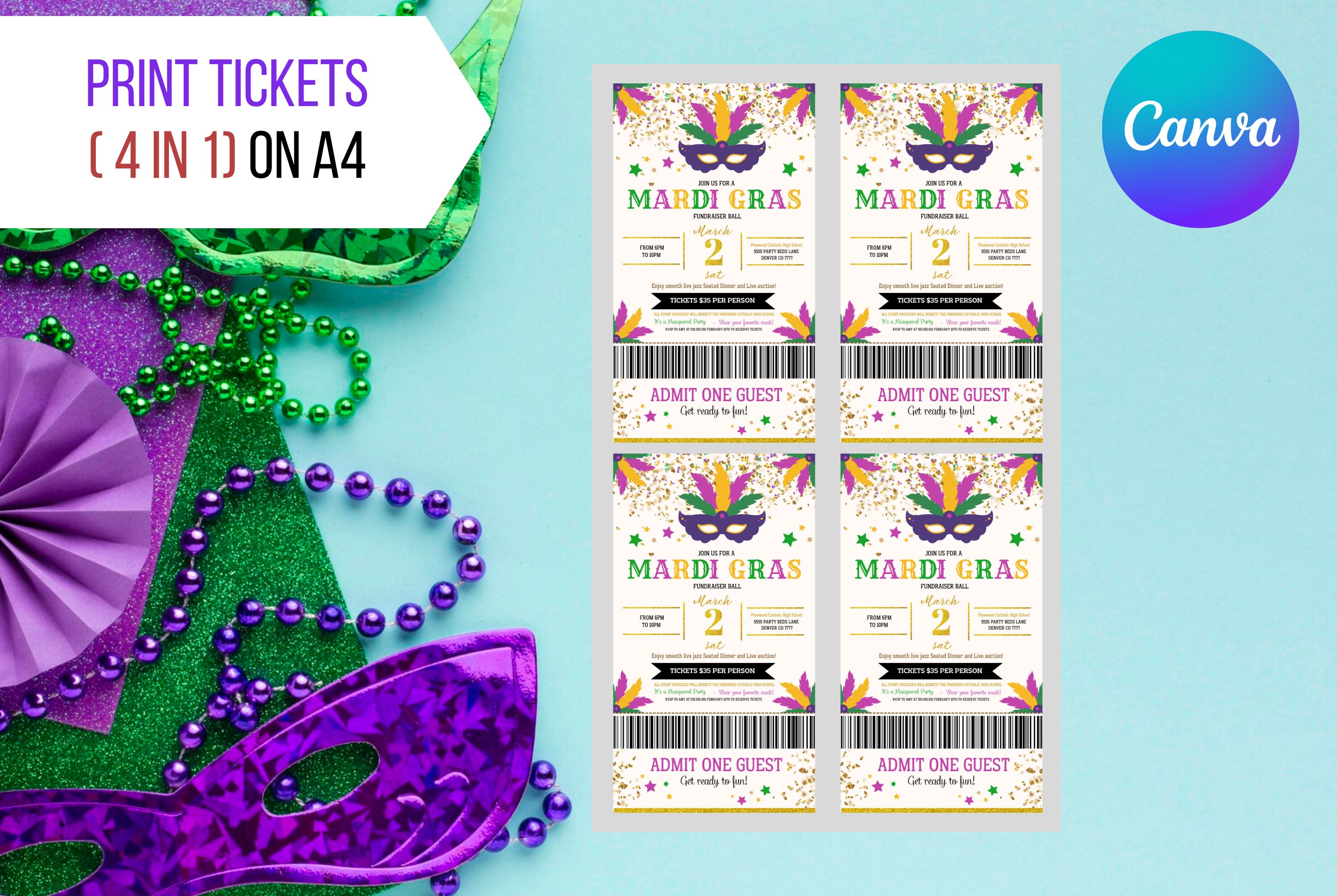 EDITABLE Mardi Gras Fundraiser School Set Invitation Ticket - Etsy