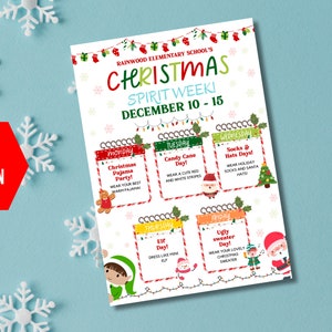 EDITABLE Christmas Spirit Week Flyer, Itinerary Schedule School Poster ...