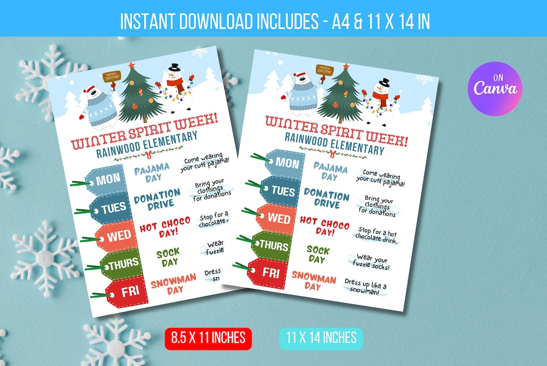 EDITABLE Winter Spirit Week Schedule Flyer Printable DIY Spirit Week ...