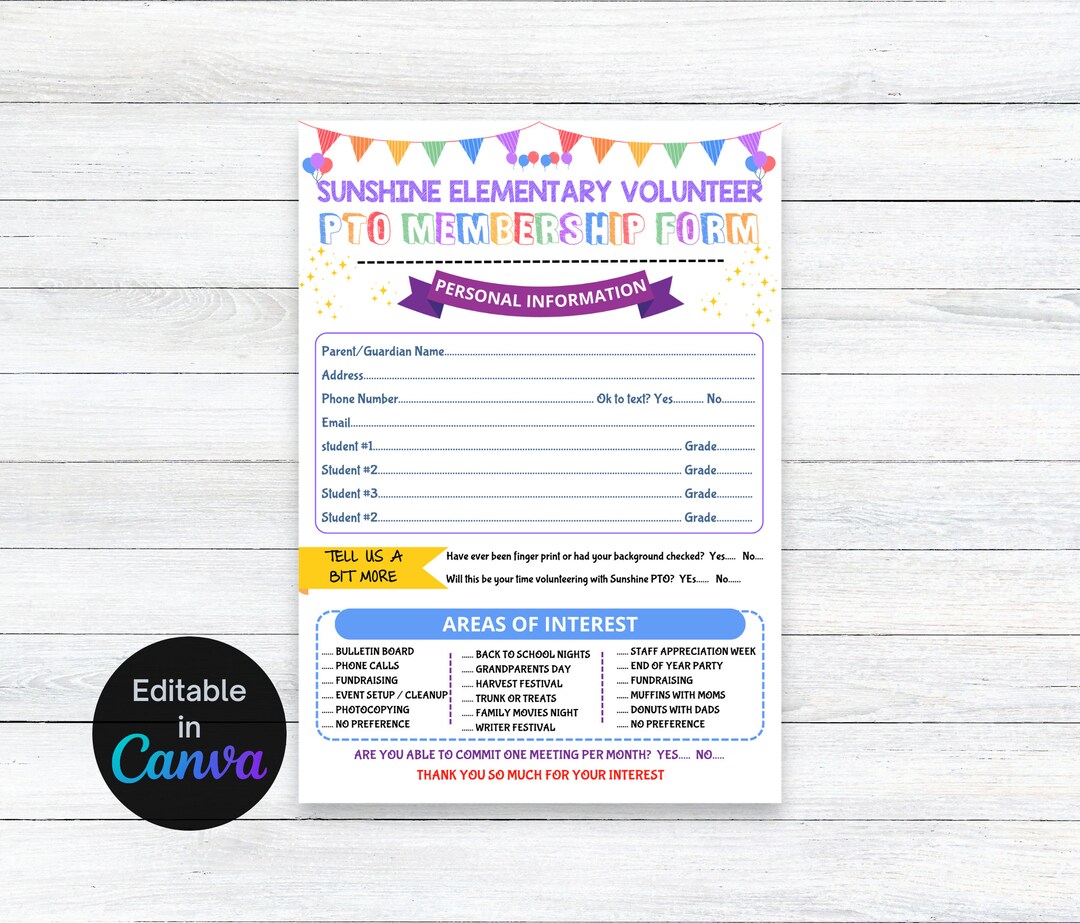 Printable PTO PTA Membership Form, Pto/pta Parent Volunteer Sign up ...