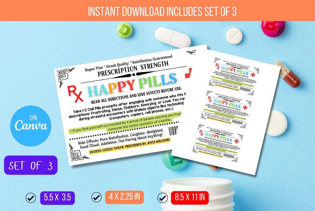 EDITABLE Happy Pills Label, Funny Gag Gift Professional Office Gift ...