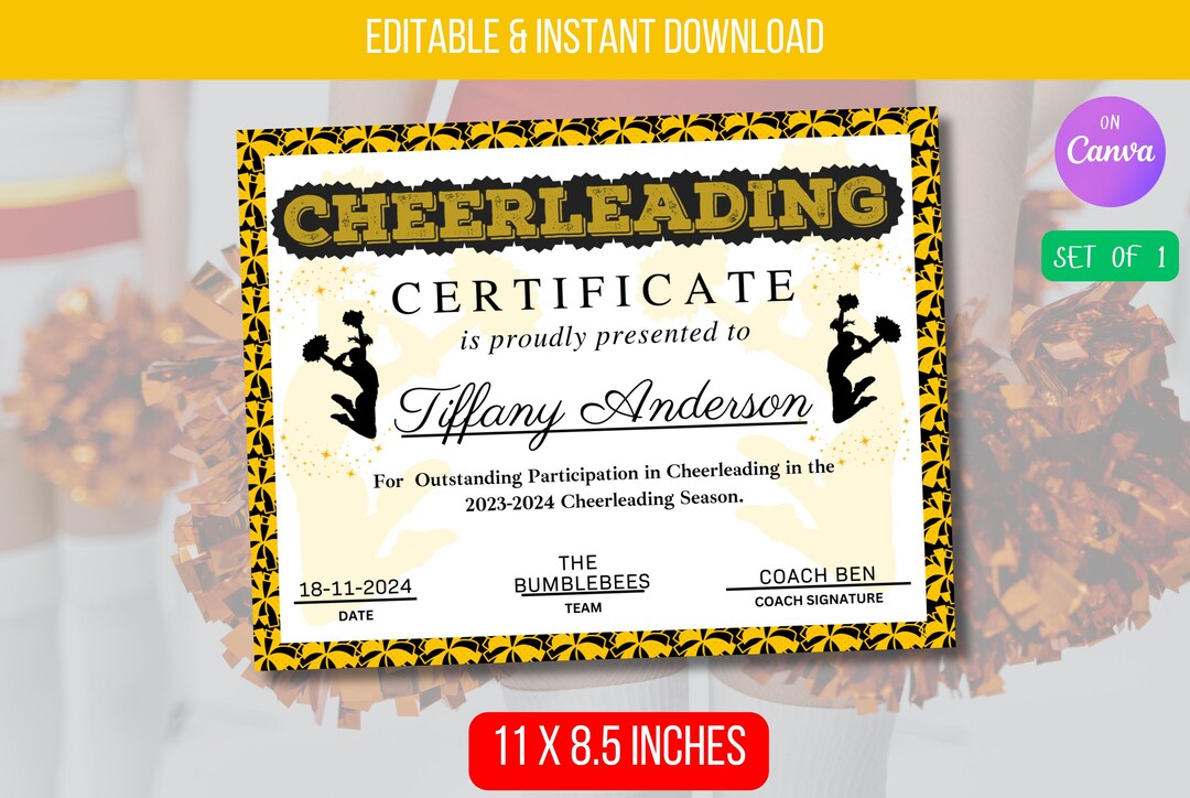 EDITABLE Cheerleader Certificate, Cheer Certificates Sports Award ...
