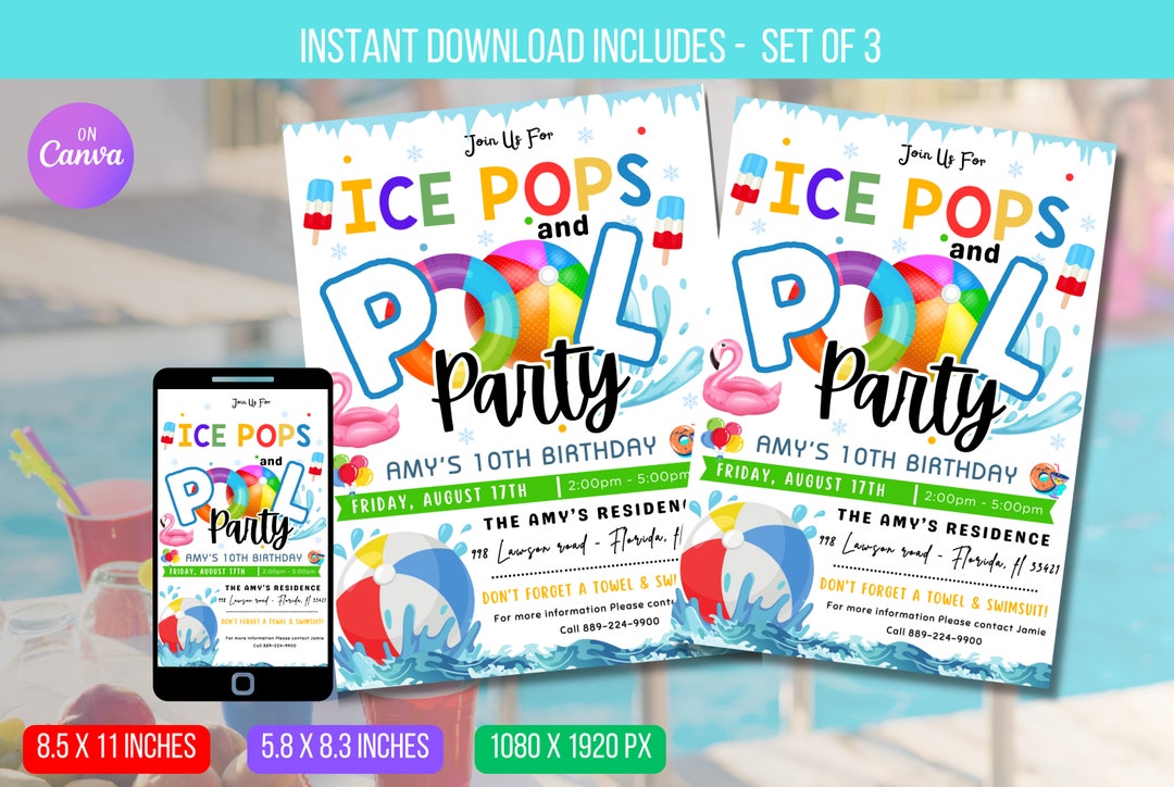 EDITABLE Ice Pops Pool Party Invite, Back to School Invitation, Summer ...