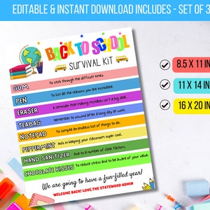 EDITABLE Back to School Survival Kit Template, First Day of School ...