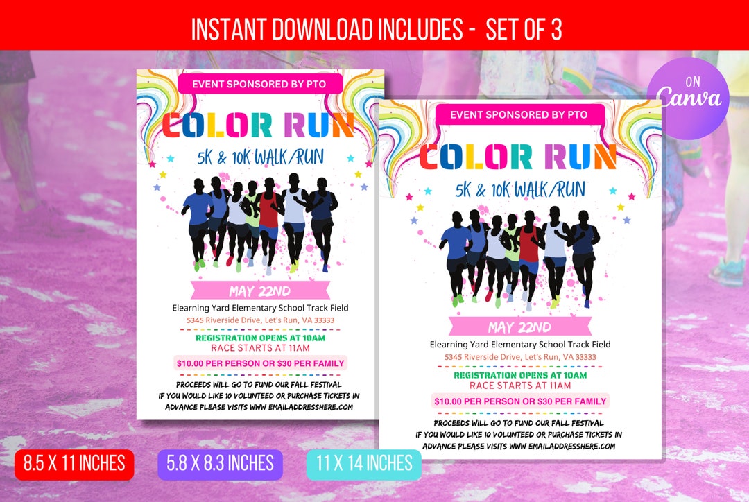 EDITABLE Color Run Invitation Flyer, School Community Fundraiser Event ...