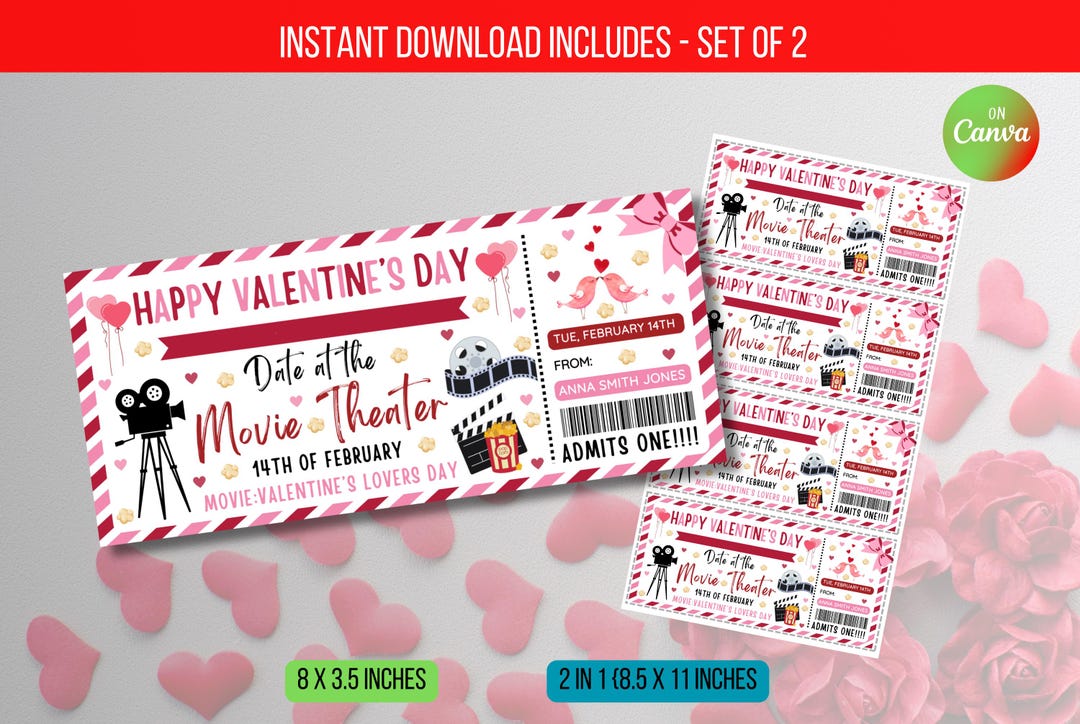EDITABLE Valentines Day Movie Date Night Ticket Template - Personalized ...