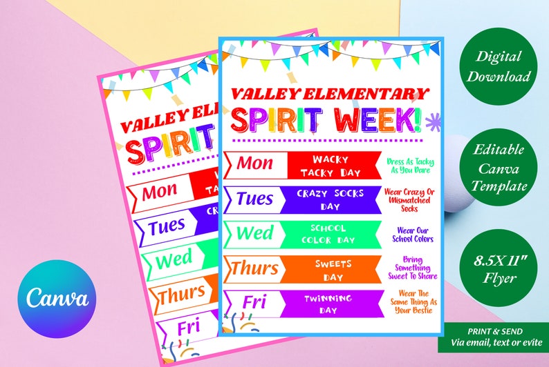 School Spirit Week Flyer Template, School Spirit Week Schedule, PTA ...
