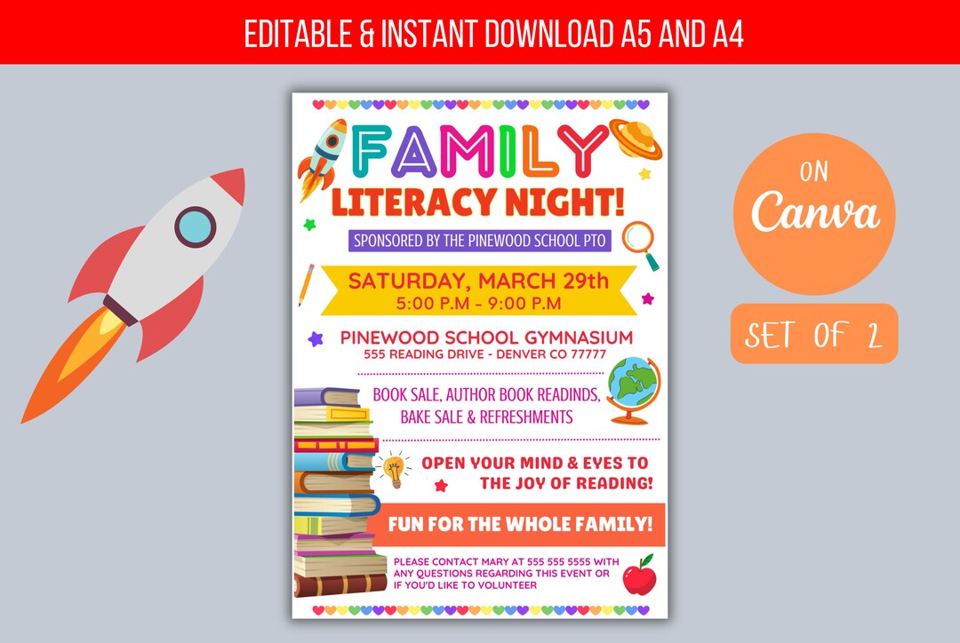 Editable Family Literacy Night Flyer, PTO PTA Reading Book Sale School ...