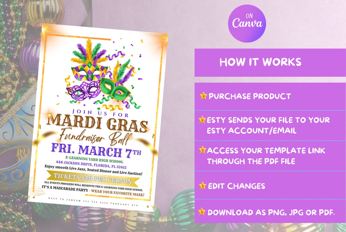 EDITABLE Mardi Gras Fundraiser Ball Invitation Flyer With Invitation ...