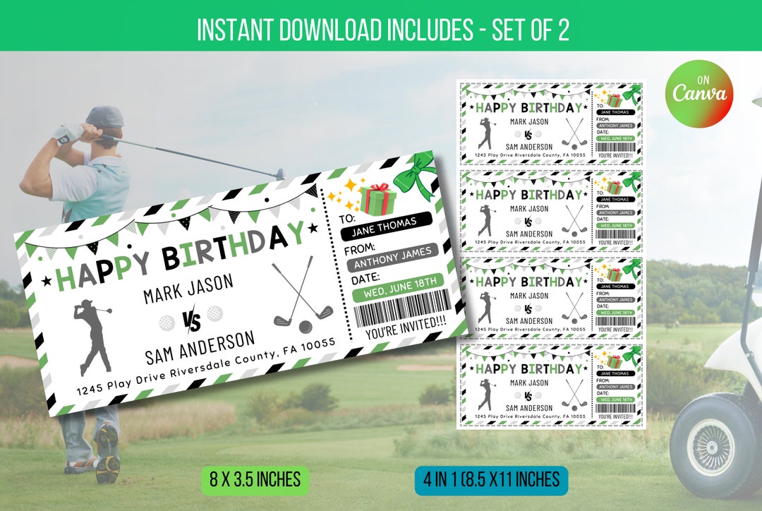 EDITABLE Golf Happy Birthday Ticket, Holiday Golfing Game Birthday ...