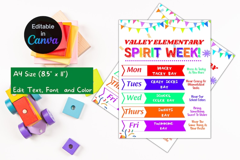 School Spirit Week Flyer Template, School Spirit Week Schedule, PTA ...