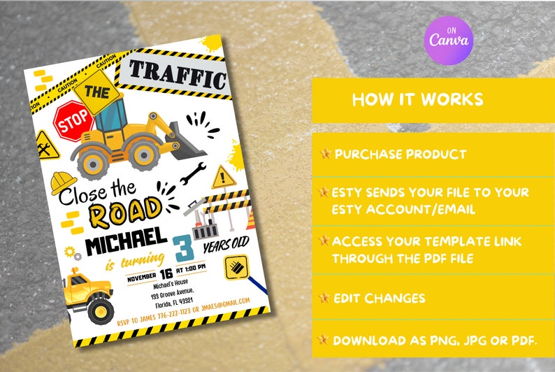 EDITABLE Stop the Traffic, Close the Road Birthday Invite, Construction ...