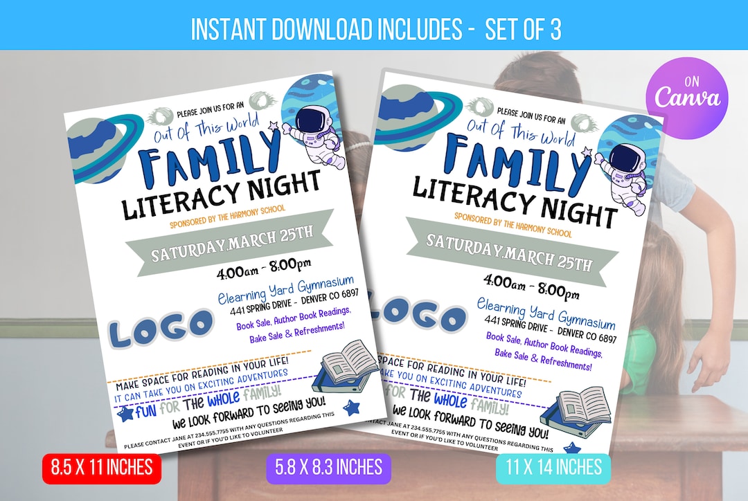 Editable Family Literacy Night Flyer, PTO PTA Reading Book Sale School ...