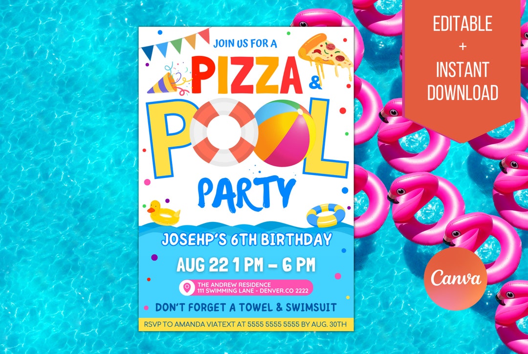 Pizza and Pool Party Invitation, End of School Party, Printable Invite ...