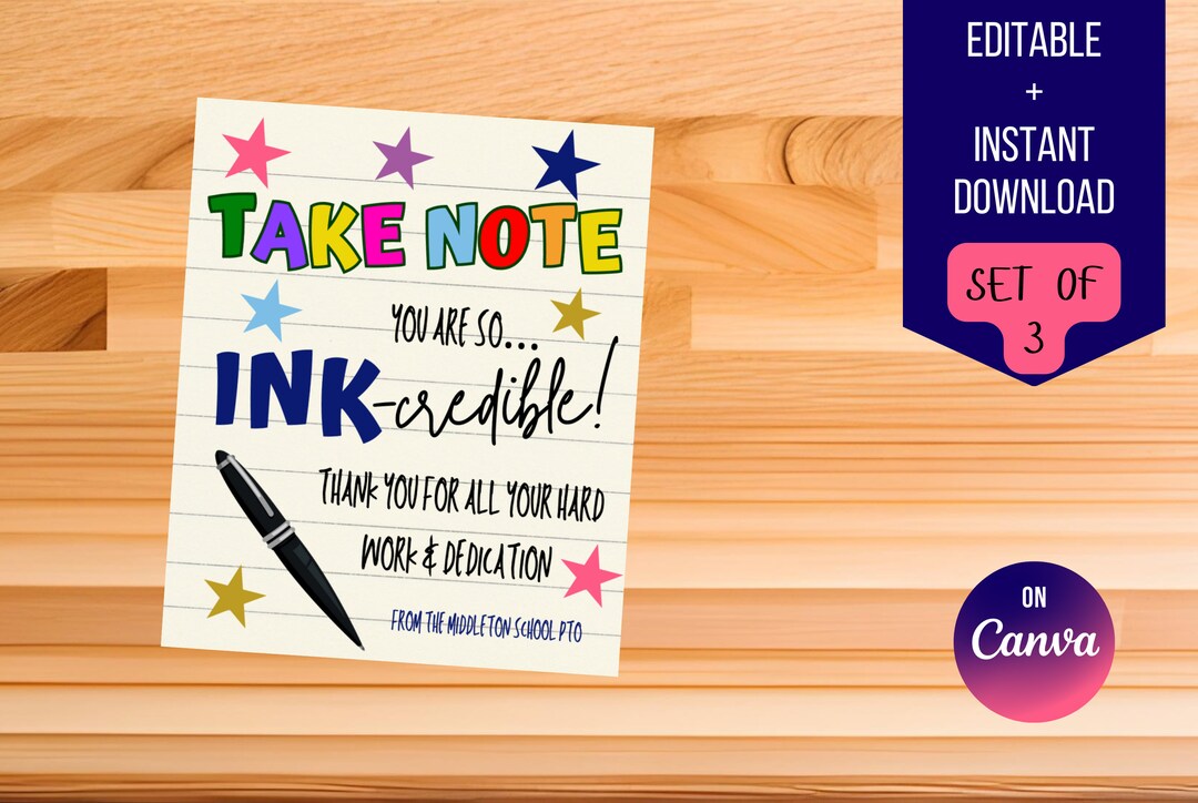 Pen Thank You Gift Tags, Take Note You Are Ink-credible, Teacher Staff ...