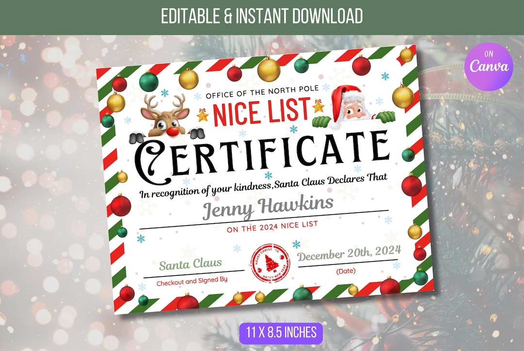 EDITABLE Santa Claus Official Nice List Certificate Letter From Desk ...