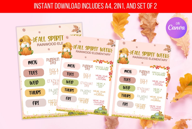 EDITABLE Fall Spirit Week Schedule Template Printable Spirit - Etsy