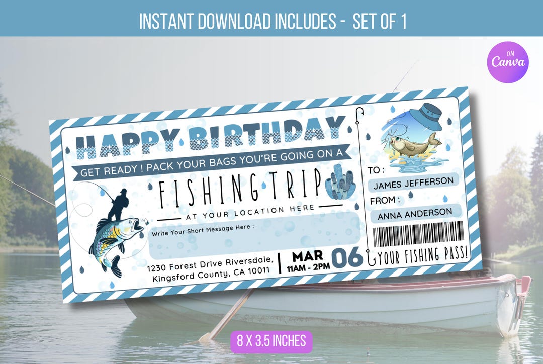 EDITABLE Fishing Trip Ticket, Fishing Experience Day Trip Voucher ...