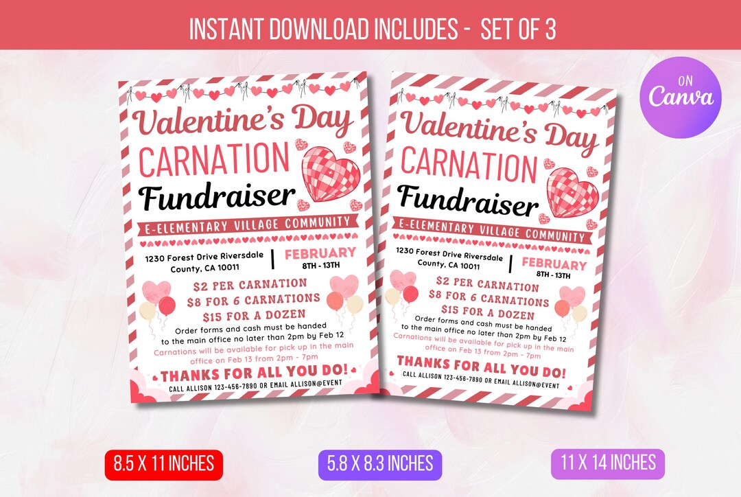 EDITABLE Valentines Day Carnation Flower Fundraiser Flyer, Fundraiser ...
