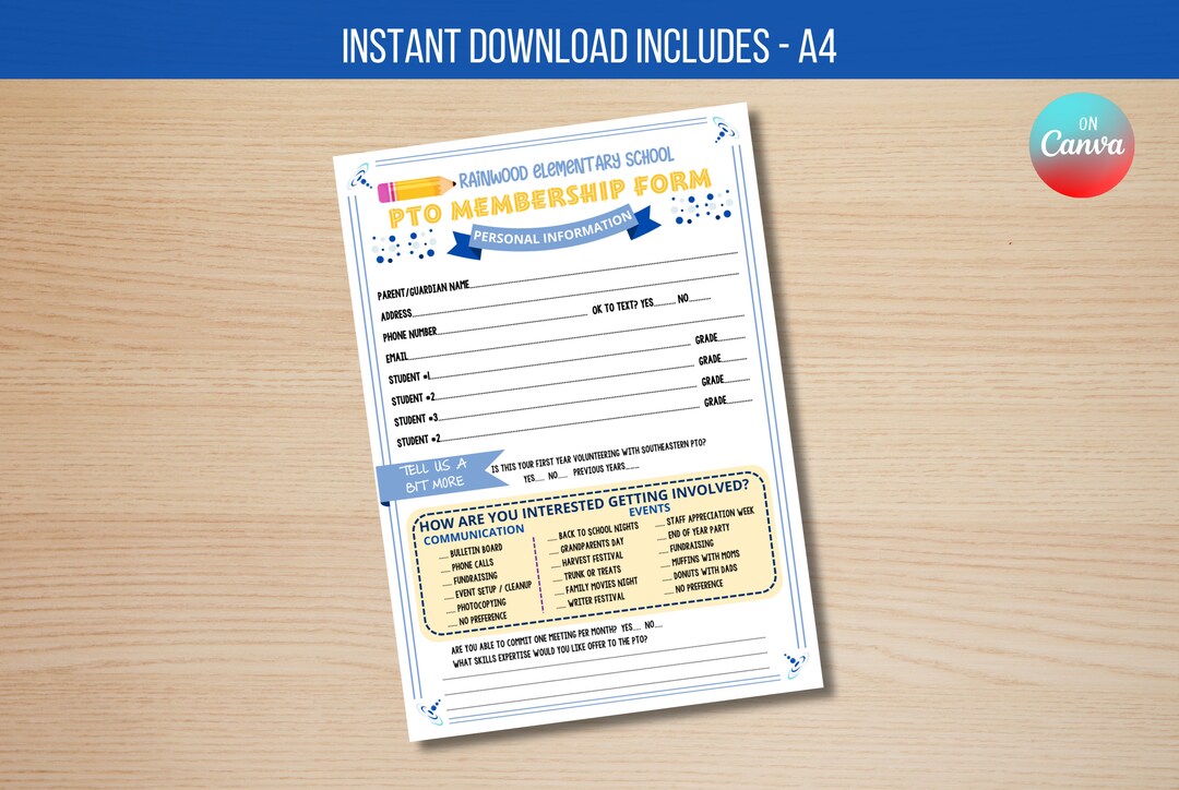 EDITABLE PTO PTA Membership Form, Pto/pta Parent Volunteer Sign up Form ...