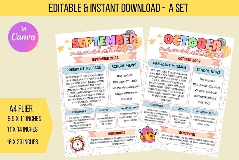 EDITABLE Monthly Newsletter Template Set, Classroom Printable Handout ...