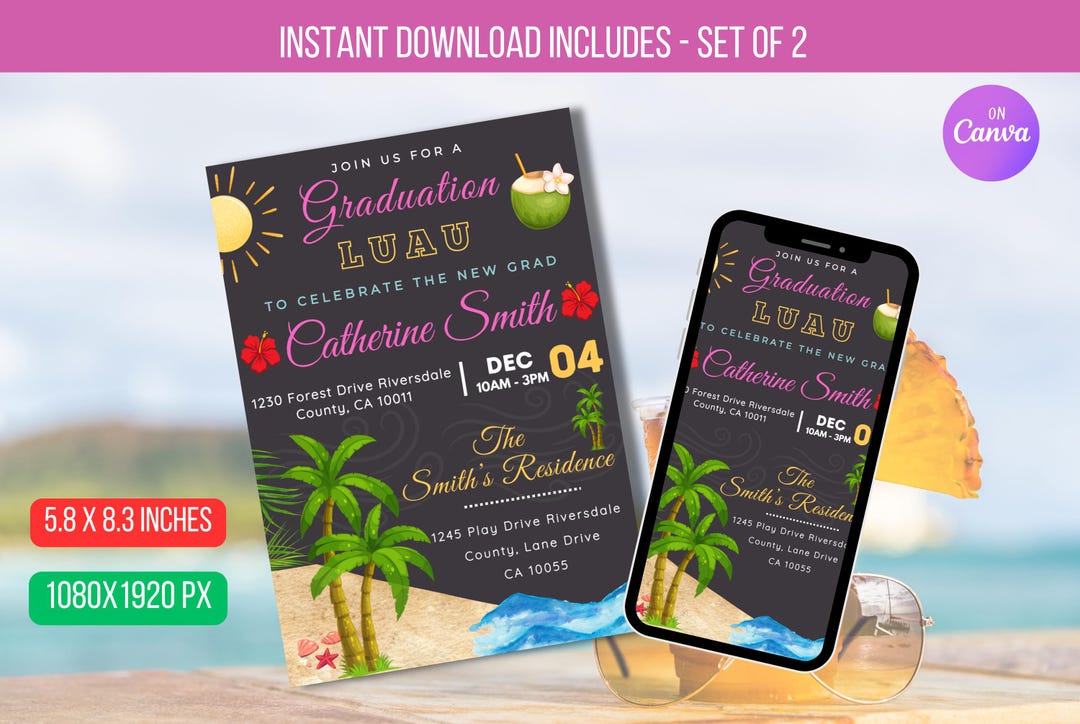 Editable Luau Graduation Invitation, High School Senior Graduate ... Editable Luau Graduation Invitation, High School Senior Graduate ...
