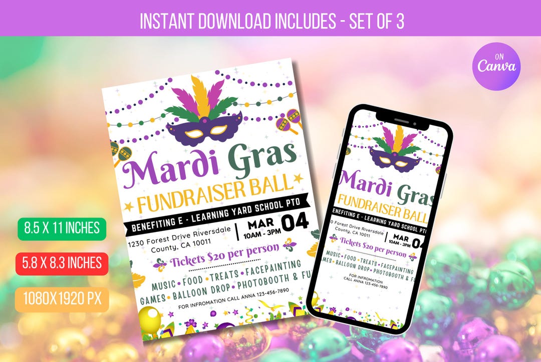 Editable Mardi Gras Invitation Flyer Template, Mardi Gras Class Party ...