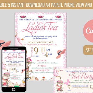 Ladies Tea Event Flyer Printable, Pink and Gold Par-tea Invite Template ...
