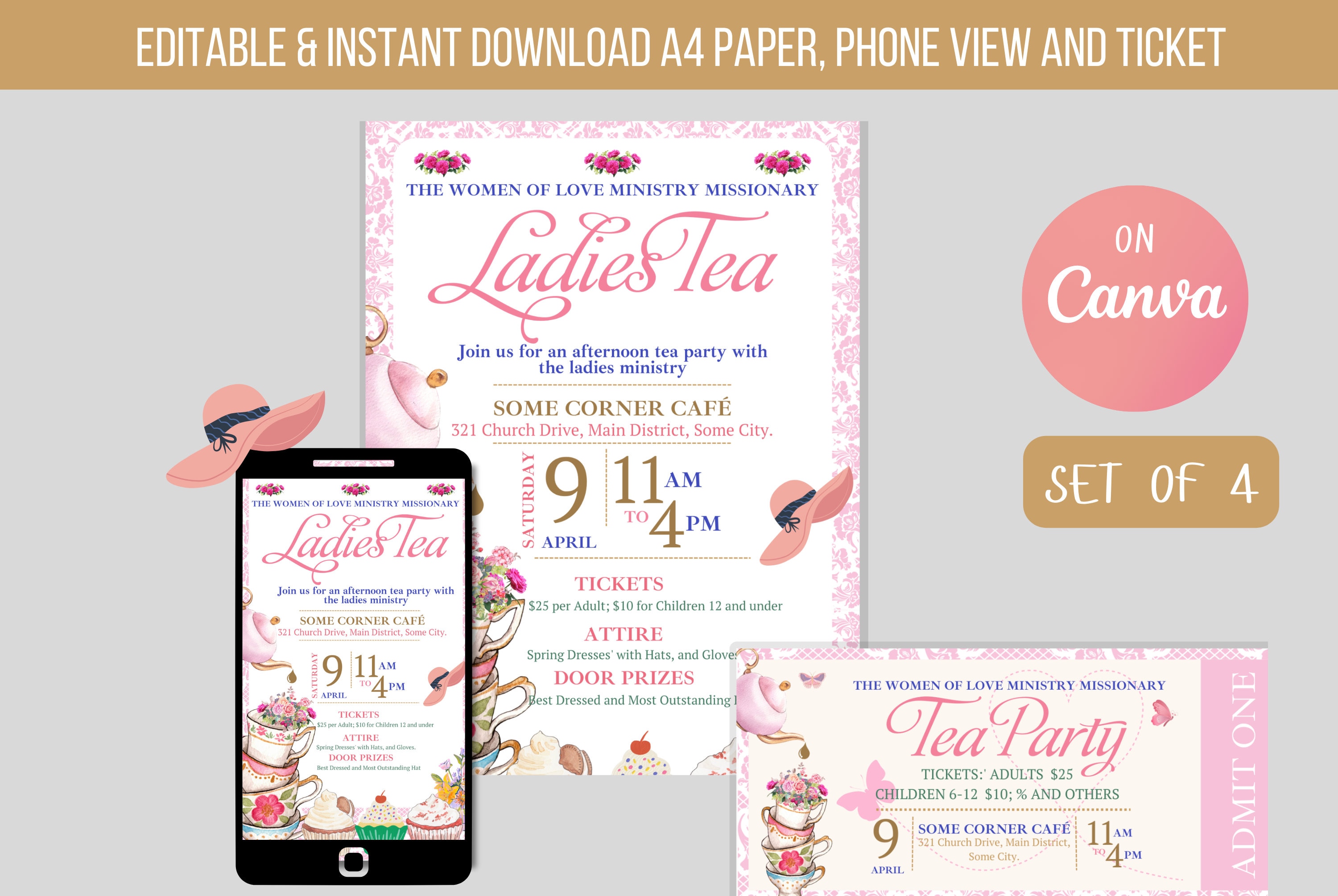 Ladies Tea Event Flyer Printable, Pink and Gold Par-tea Invite Template ...
