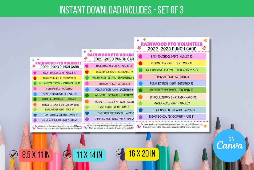 PRINTABLE Volunteer Punch Card Template, PTO PTA Volunteer Template ...