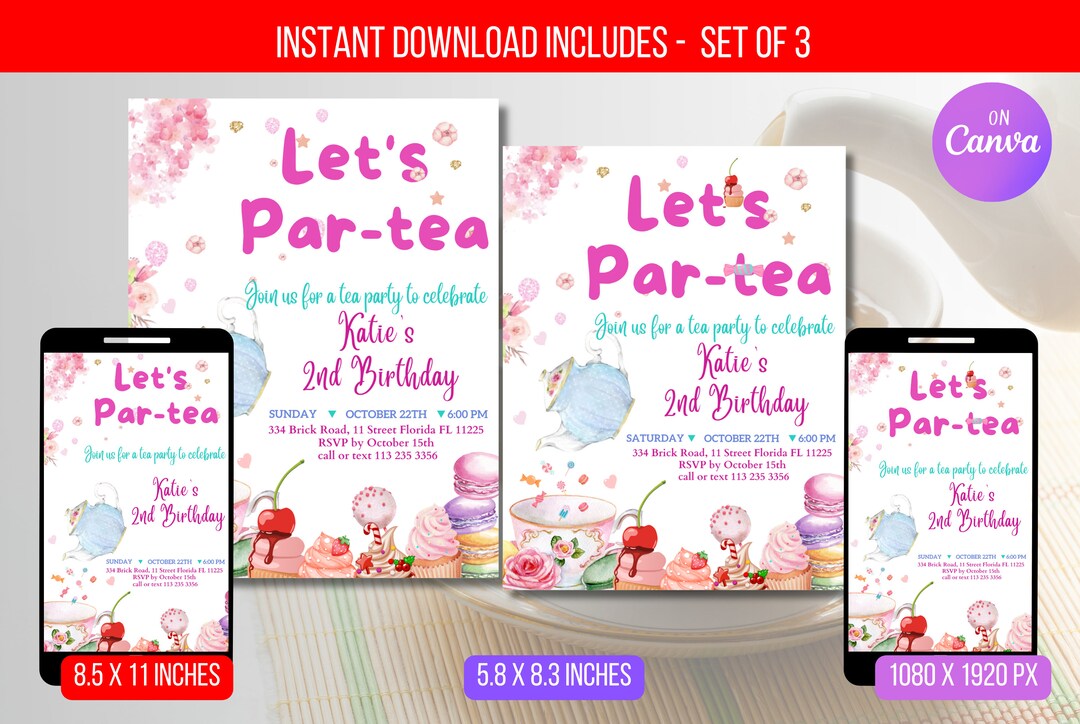 EDITABLE Lets Par-tea Birthday Invitation, Birthday Tea Party Invite ...