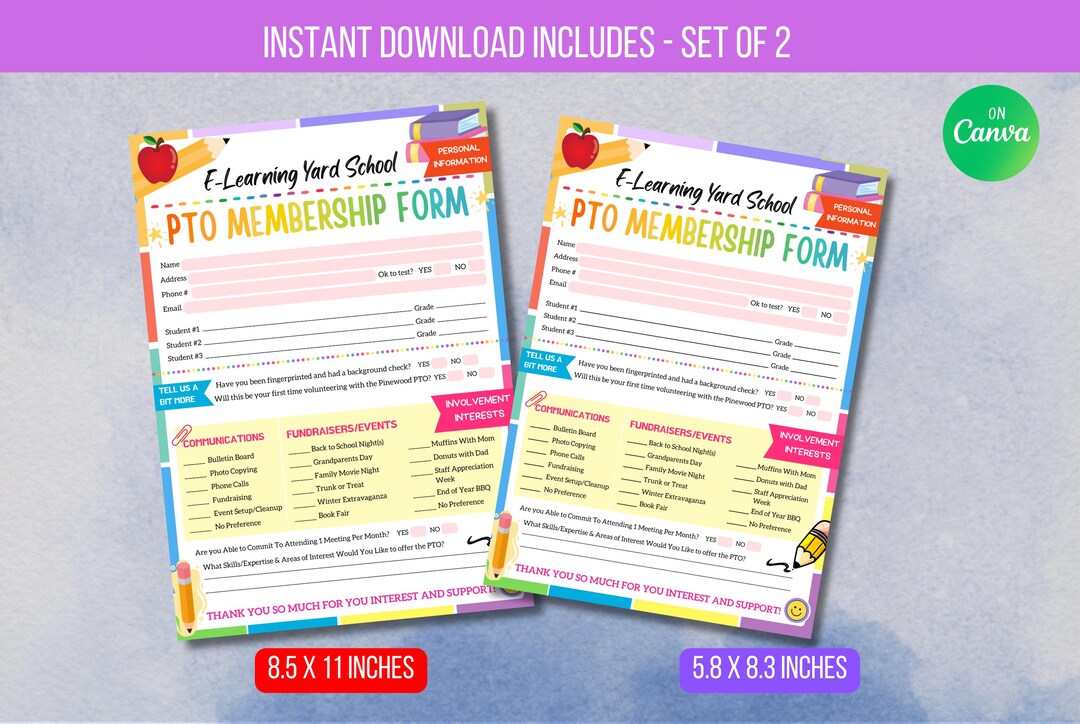 EDITABLE PTO PTA Membership Form, Pto/pta Parent Volunteer Sign up Form ...