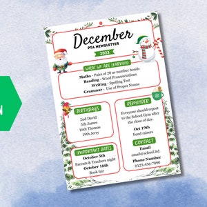 EDITABLE December PTA Newsletter Template, Classroom Printable Handout ...