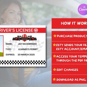 EDITABLE Race Car Drivers License Birthday Party Decorations, ID Badge ...