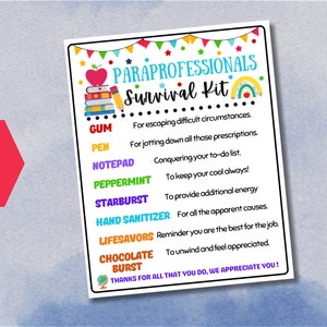 EDITABLE Paraprofessional Survival Kit, Back to School Gift, PTA PTO ...