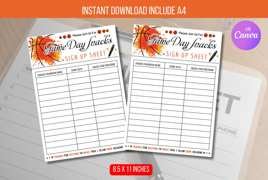 EDITABLE Basketball Snack Sign up Sheet, Basketball Sign up Sheet ...