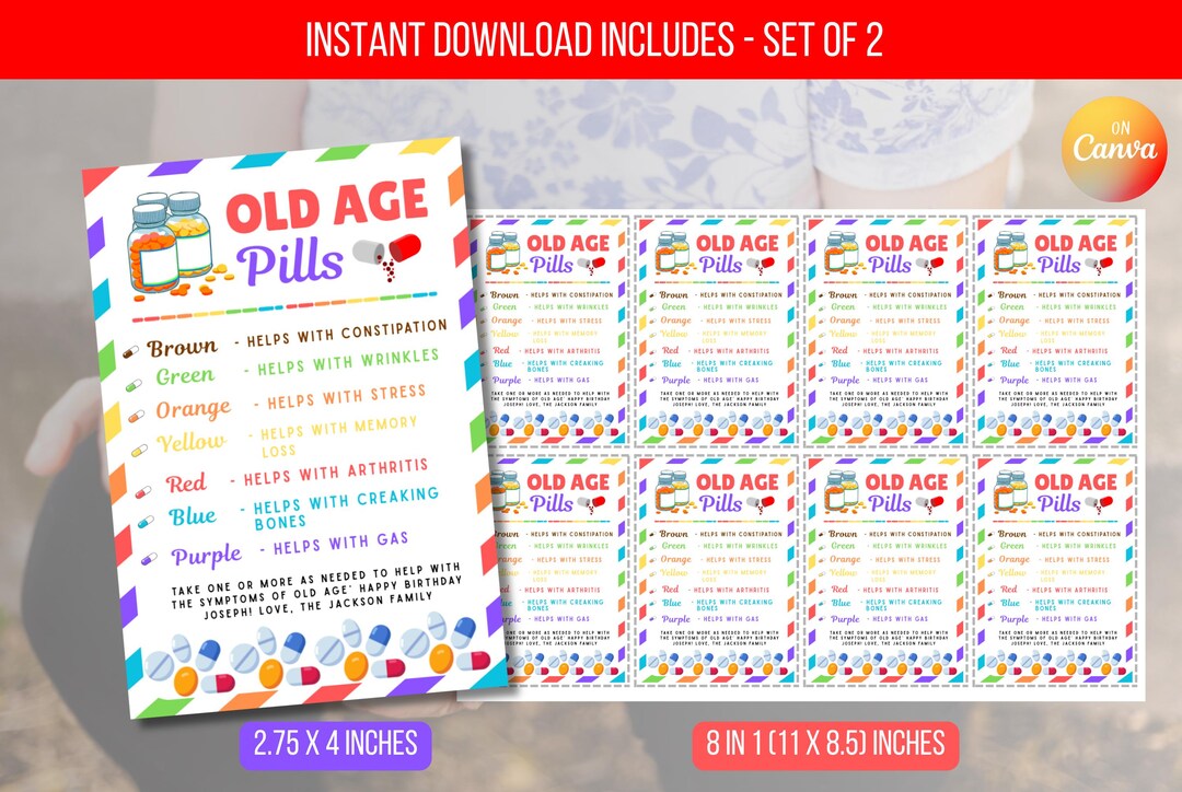 EDITABLE Old Age Pills Tag, Over the Hill, Birthday Gift Label, Funny ...